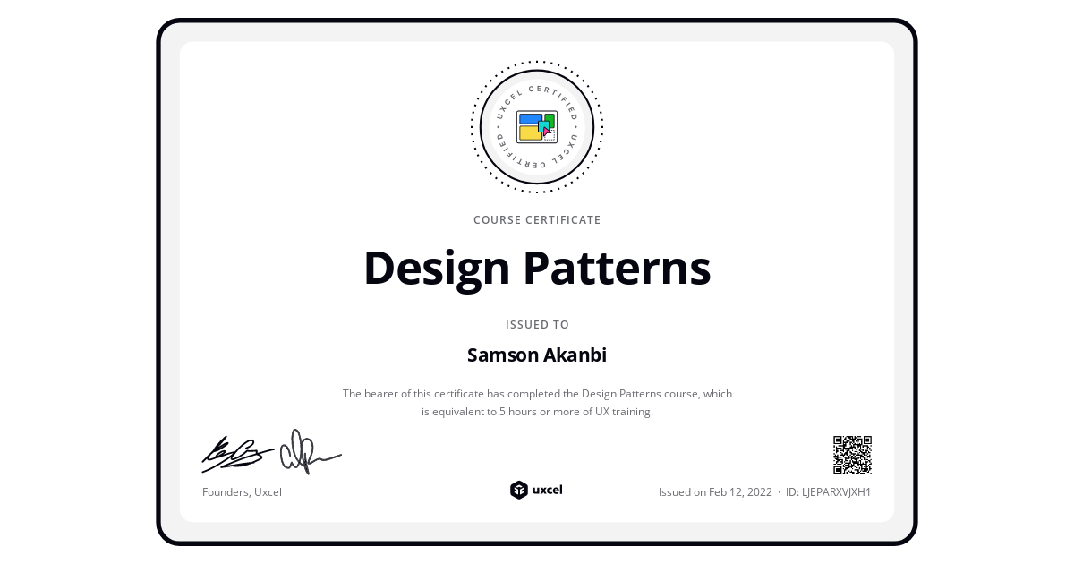 Certificate of completion for Common Design Patterns | Uxcel